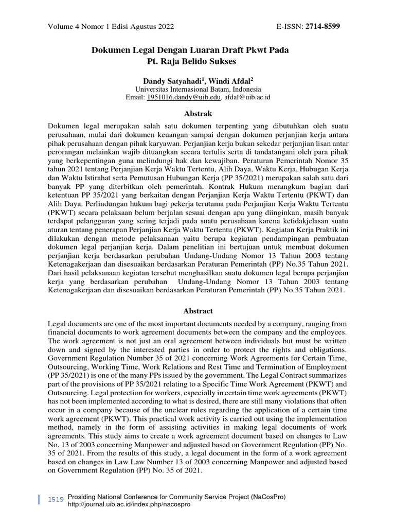Dokumen Legal Dengan Luaran Draft PKWT Pada Pt. Raja Belido Sukses ...