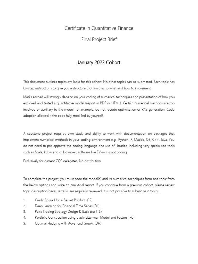 CQF January 2023 Final Project Brief | PDF | Greeks (Finance) | Modern Portfolio Theory