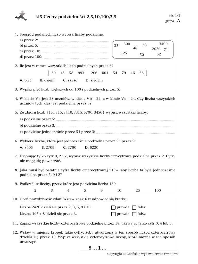 kl5 Cechy Podzielności 2,5,10.. | PDF
