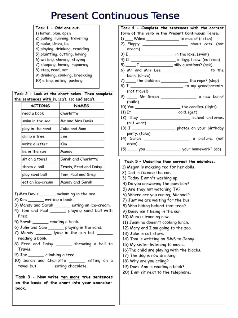 Present Continuous Tense Exercises | PDF