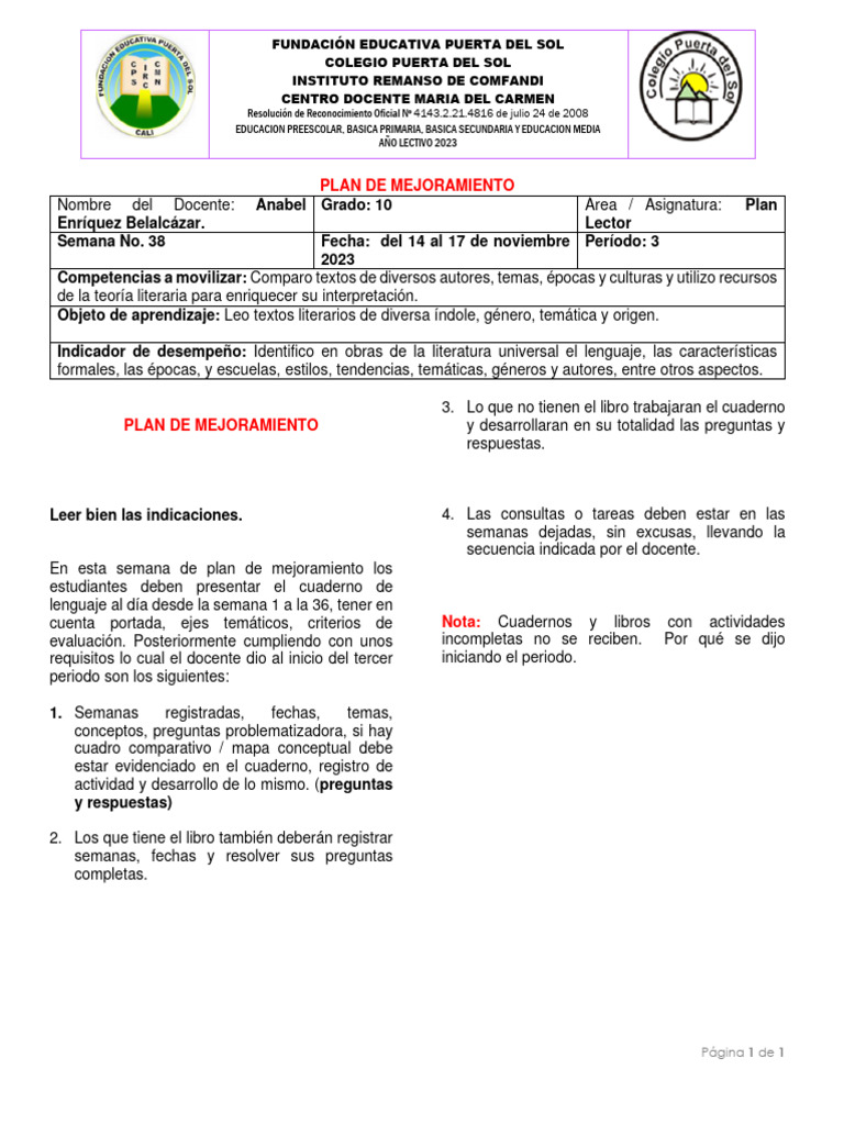 PLAN LECTOR 10 | PDF | Maestros | Aprendizaje