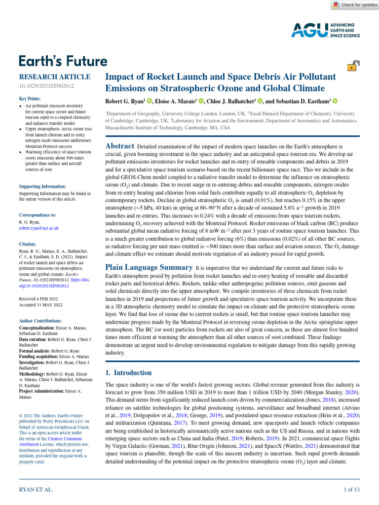 Ref25-Earth S Future - 2022 - Ryan - Impact of Rocket Launch and Space Debris Air Pollutant ...