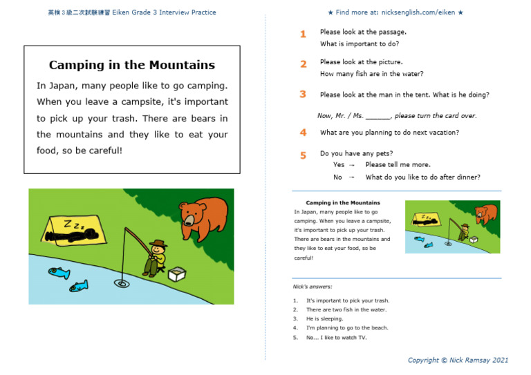 Eiken 3 Interview Camping in The Mountains | PDF