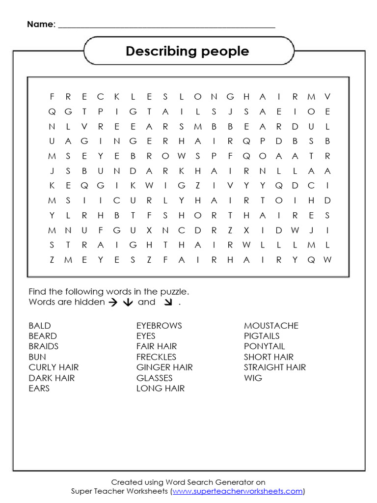 Describing People Wordsearch | PDF | Hair | Word Search