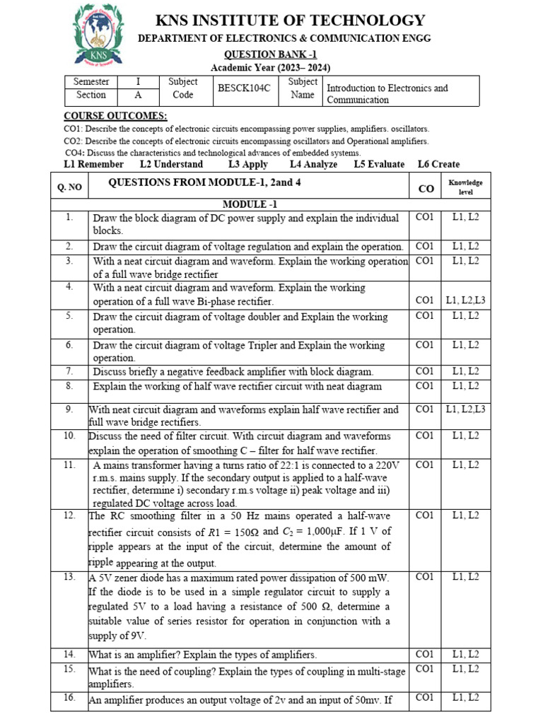 EC QuestionBank 1 | PDF | Rectifier | Operational Amplifier