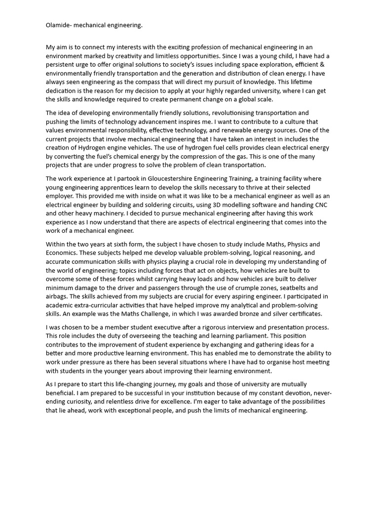 Personal Statement | PDF | Engineering | Mechanical Engineering