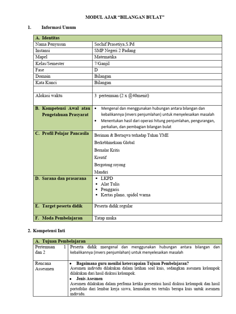 MODUL AJAR MTK 7 BILANGAN BULAT - Sochif | PDF