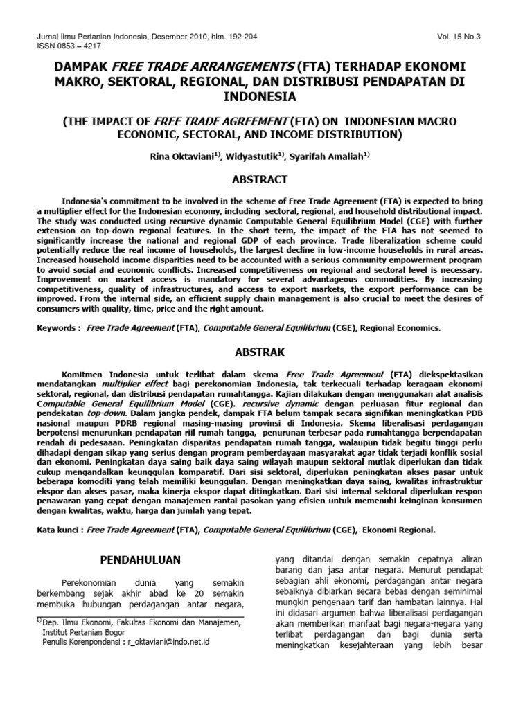 Dampak Free Trade Arrangements (Fta) Terhadap Ekonomi Makro, Sektoral, Regional, Dan Distribusi ...