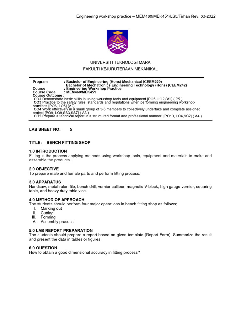 Fitting Lab Sheet Mac Aug2022 Pdf Engineering Physical Sciences 