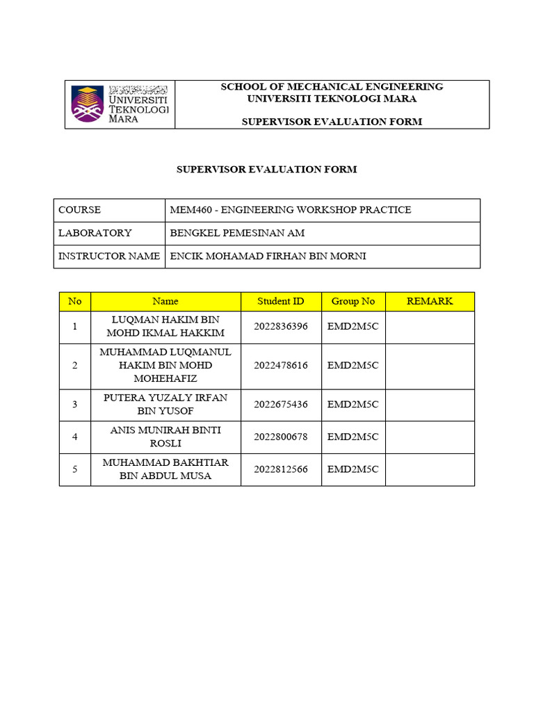 Supervisor Evaluation Form-MEM460 | PDF