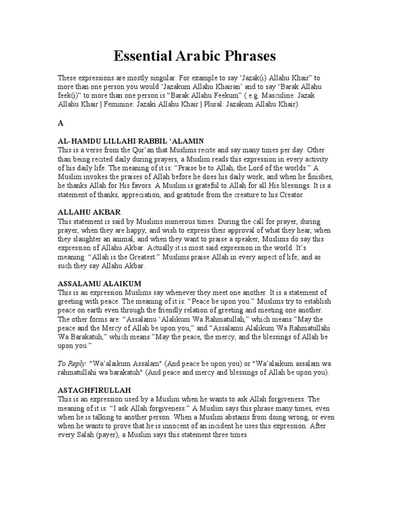 Essential Arabic Phrases and Names in Arabic | Download Free PDF ...