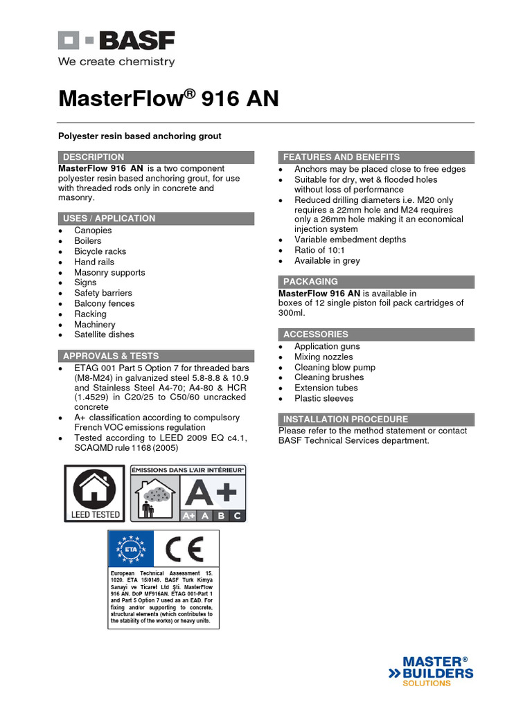 Masterflow 916 An Tds | PDF | Materials | Building Engineering