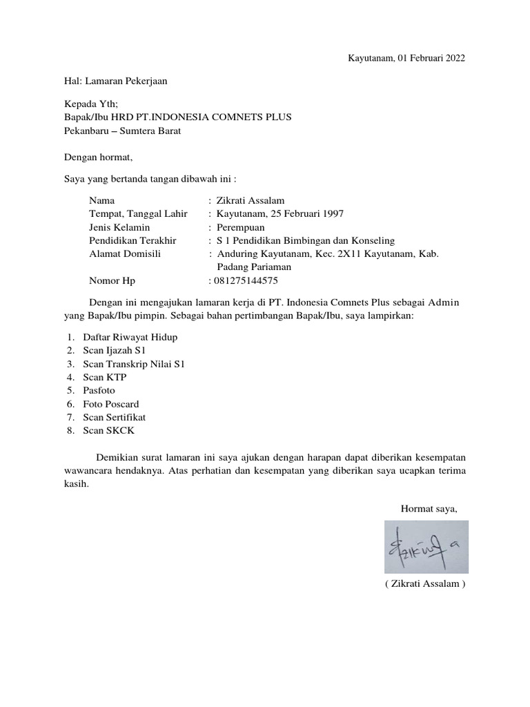 Surat - Lamaran Zikrati Assalam | PDF | Bisnis