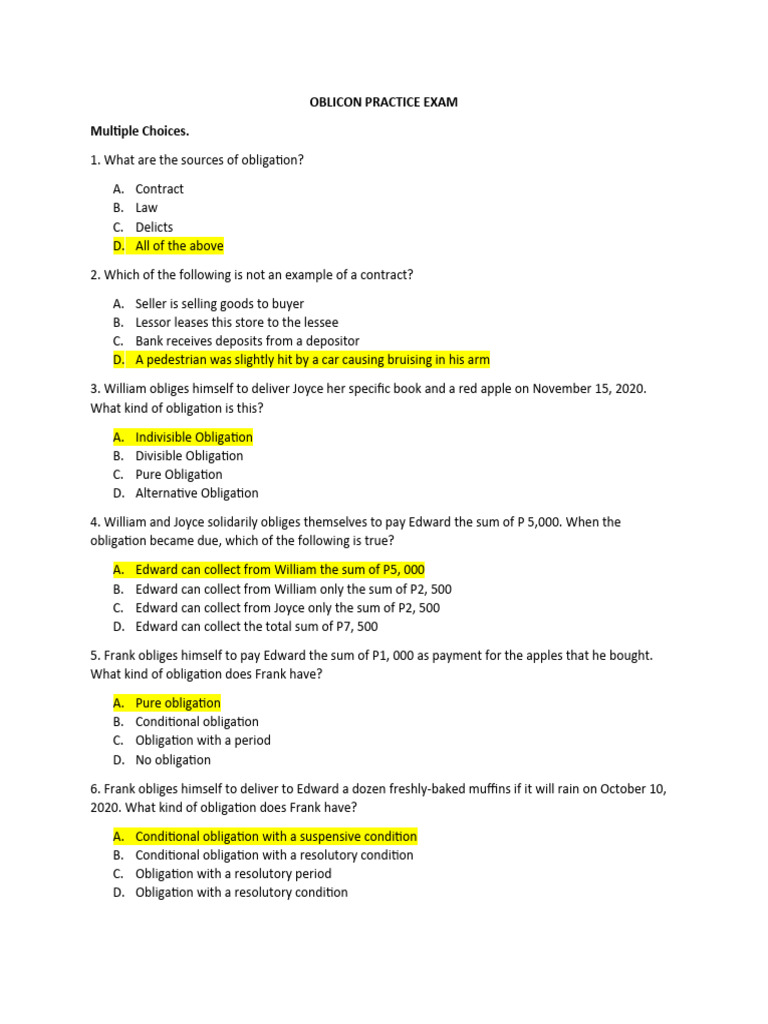 Oblicon Practice Exam | Download Free PDF | Law Of Obligations | Damages