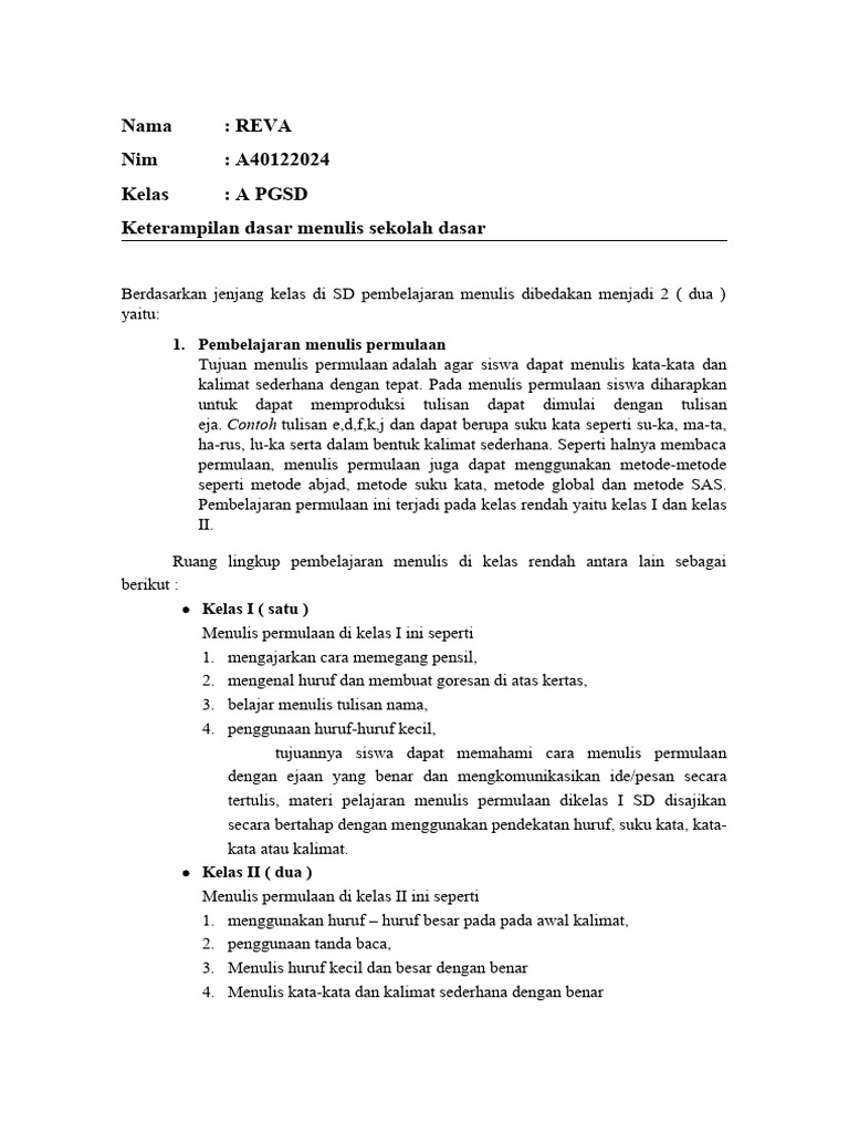 Reva - A40122024 Keterampilan Dasar Menulis SD | PDF