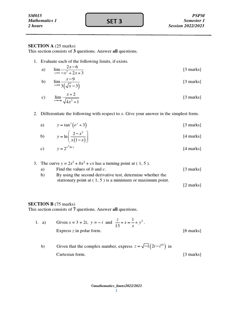 KMNS_2223_PRE PSPM SM015_SET 3 | PDF | Mathematical Objects | Mathematical Concepts