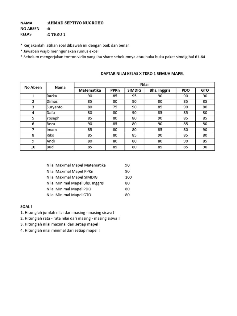 Latihan Soal Microsoft Excel, SIMDIG | PDF