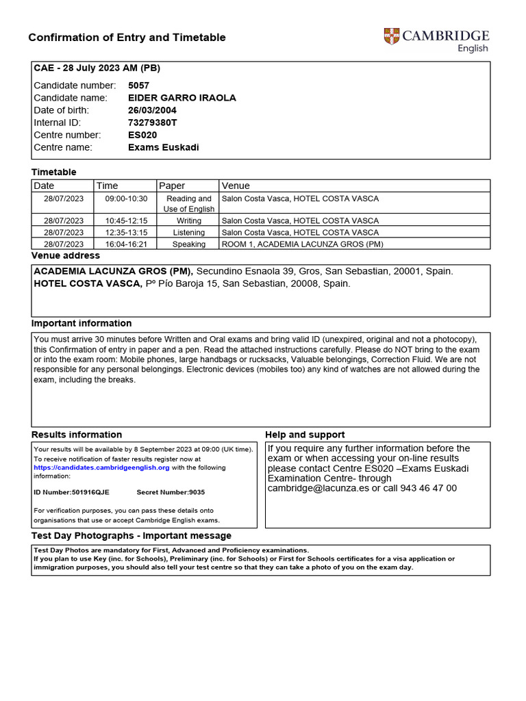 Confirmation of Entry and Timetable | PDF
