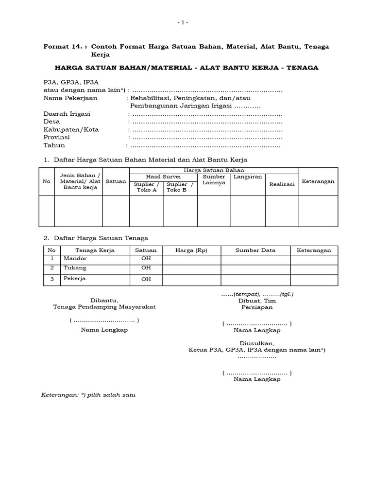 Format 14 - Contoh Format Harga Satuan Bahan, Material, Alat Bantu ...