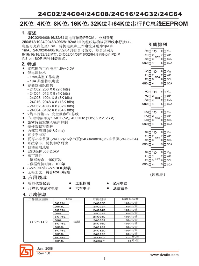 24C02/24C04/24C08/24C16/24C32/24C64 2K 4K 8K ，16K ，32K位和64K位串行I C总线 ...
