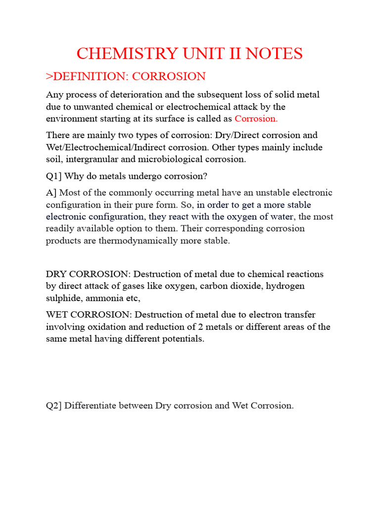 Chemistry Unit - 2 Notes | PDF | Corrosion | Anode Chemistry Unit - 2 Notes | PDF | Corrosion | Anode
