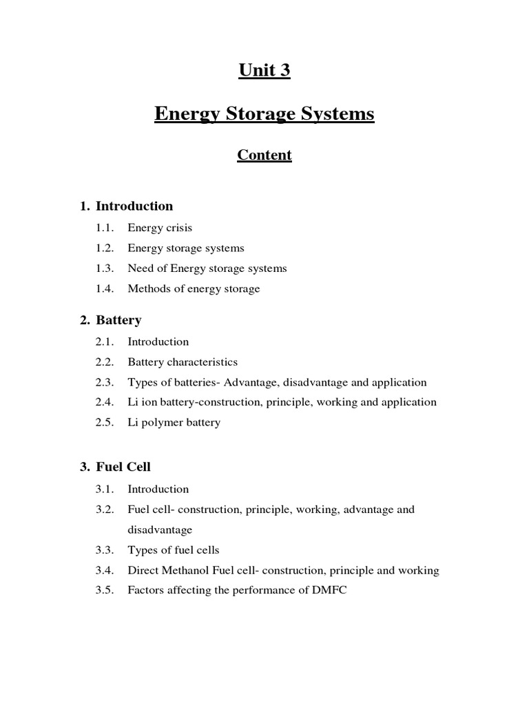 UNIT 3 Energy Storage Systems | PDF | Rechargeable Battery | Fuel Cell