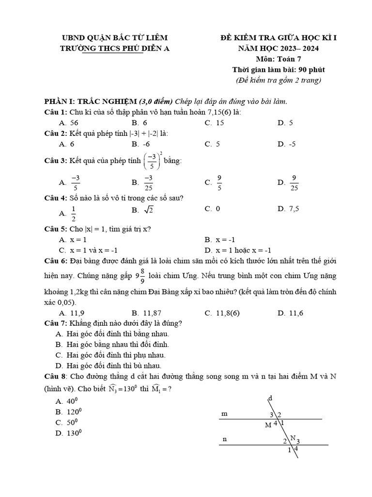De Giua Hoc Ki 1 Toan 7 Nam 2023 2024 Truong Thcs Phu Dien A Ha Noi | PDF