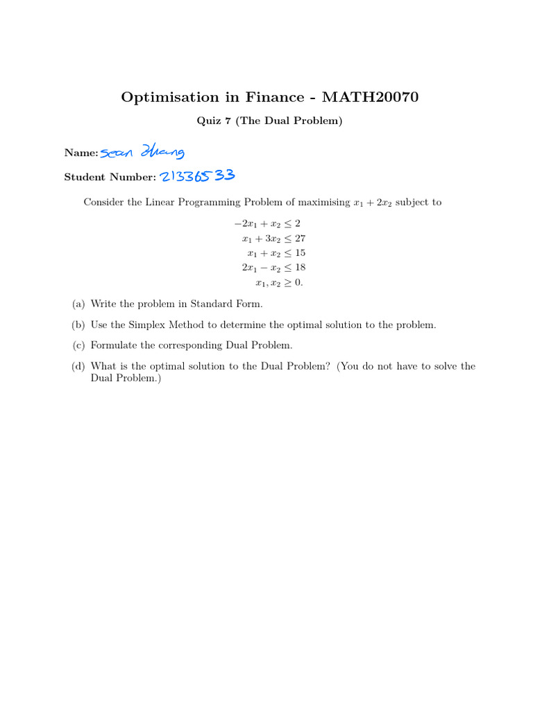 Quiz 7 | PDF | Mathematical Optimization | Linear Programming