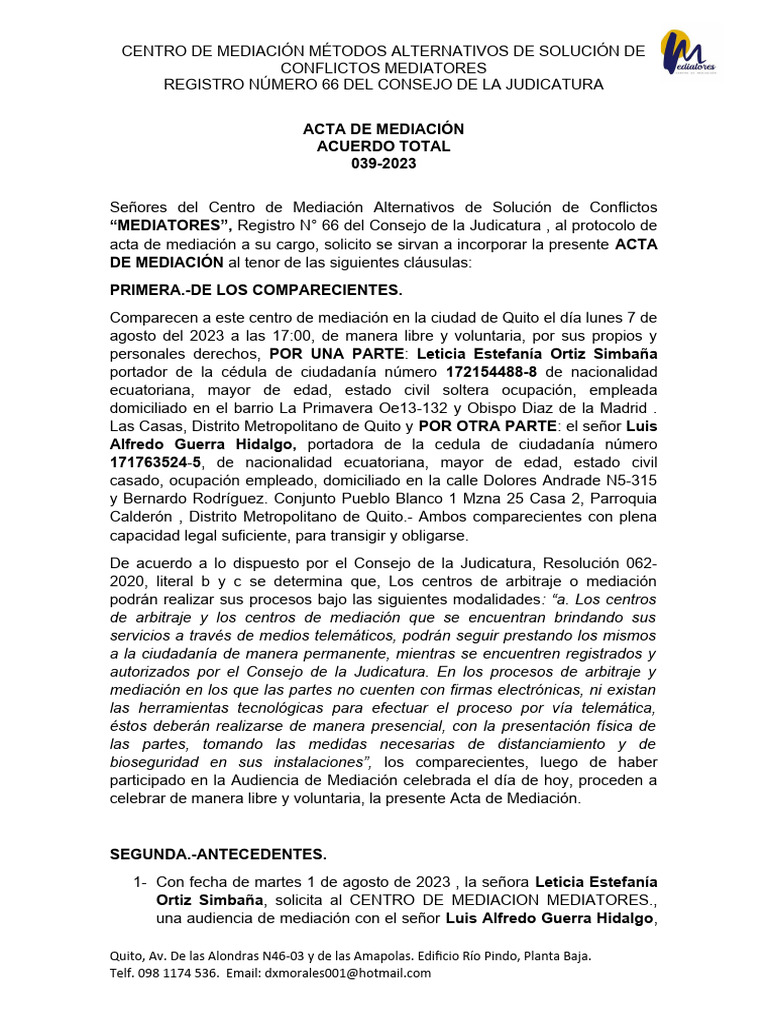 ACTA DE MEDIACIÓN Final | PDF | Mediación | Pensión alimenticia