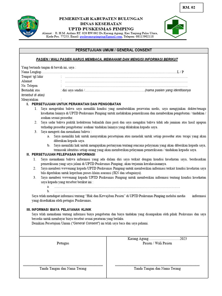 Persetujuan Umum Pasien Puskesmas | PDF