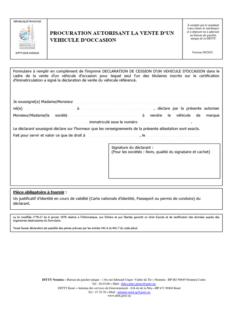 Vente Voiture Par Procuration