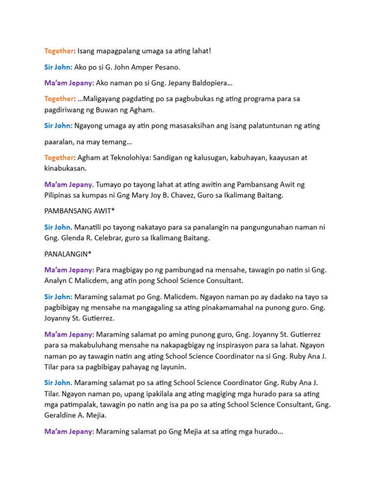 Emcee Script for Science Program | PDF