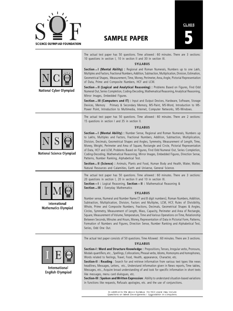 NSO Class 5 Sample Paper 1 | PDF | Numbers | Area