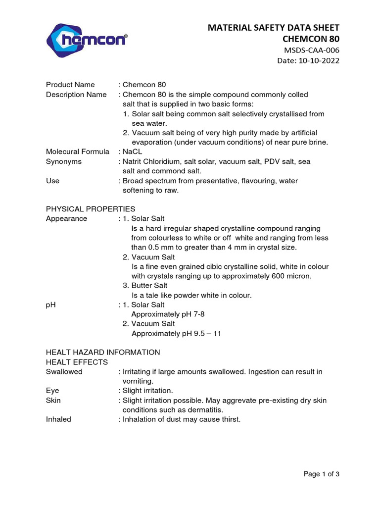 MSDS Chemcon 80 - Industrial Salt - 2022 | PDF | Corrosion | Salt