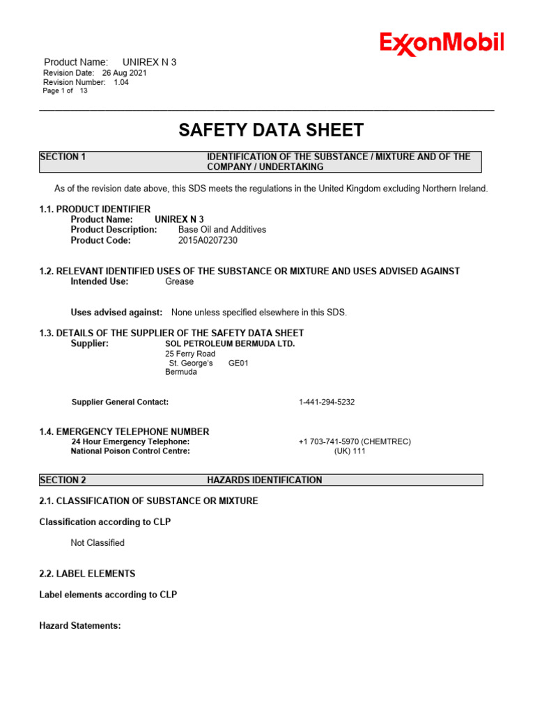 MSDS Unirex N 3 - 1010141 | Download Free PDF | Workplace | Physical ...