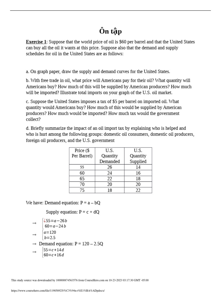 Exercise 1: Suppose That The World Price of Oil Is $60 Per Barrel and ...