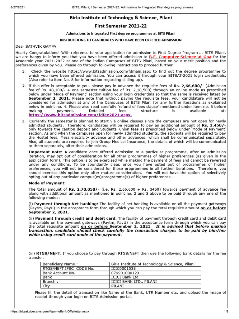 BITS, Pilani, I Semester 2021-22 - Admissions To Integrated First Degree Programmes | PDF ...