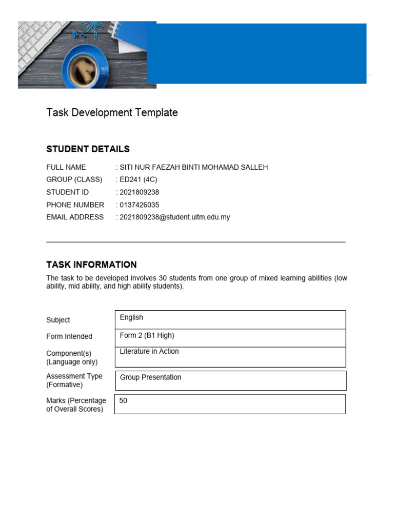 Assignment 1 - Task Development Template - Siti Nur Faezah - 2021809238 ... Assignment 1 - Task Development Template - Siti Nur Faezah - 2021809238 ...