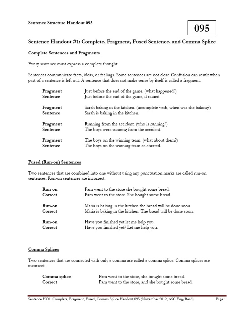 Sentence Structure Guide: Complete, Fragment, Fused, Comma Splice | PDF ...