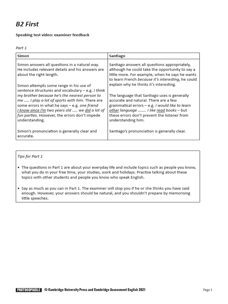 B2 First Speaking Worksheet 1 Examiner Feedback | PDF | English ...
