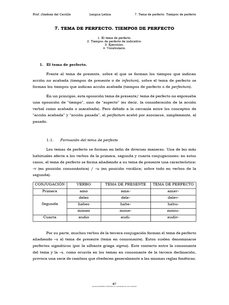Tema de Perfecto. Tiempos de Perfecto | PDF | Verbo | Sílaba