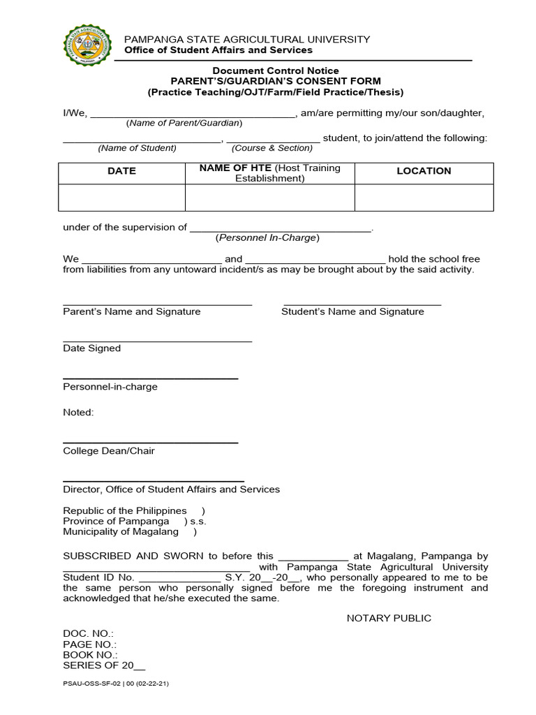 For OJT Practicum PSAU OSS SF 02. Parentsor Guardians Consent Form For OJT Thesis Etc. 2 | PDF