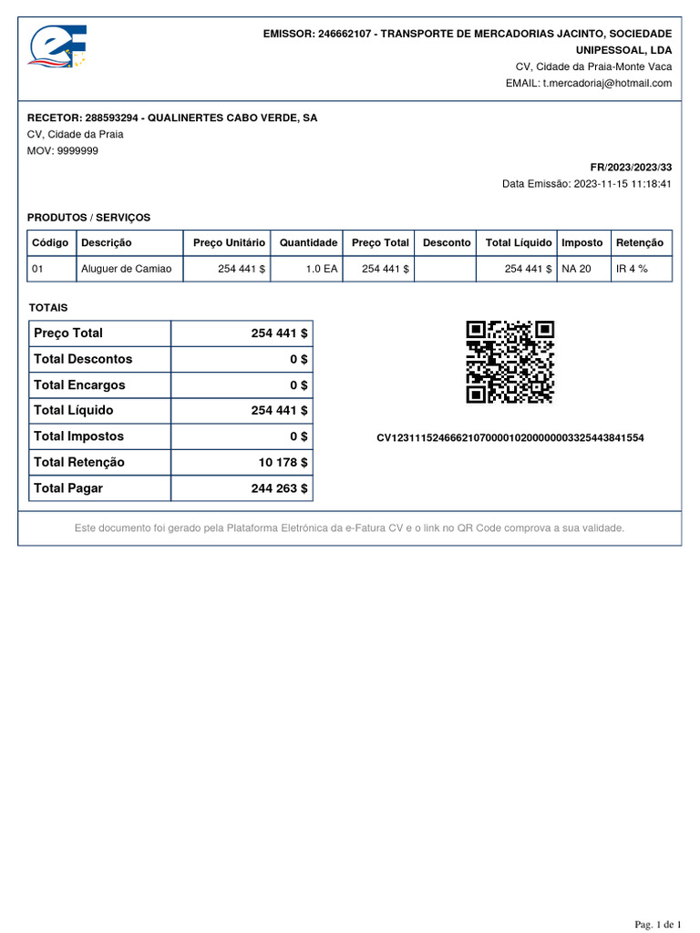 Fatura Recibo Transporte de Mercadoria Jacinto-254441 Cve | PDF