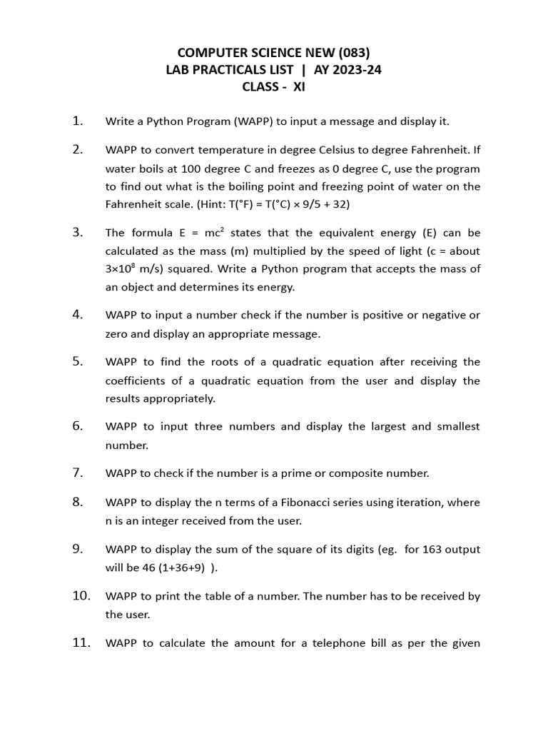 K11 CS Lab Practicals List Ay23-24-1 | PDF | Numbers | Fahrenheit