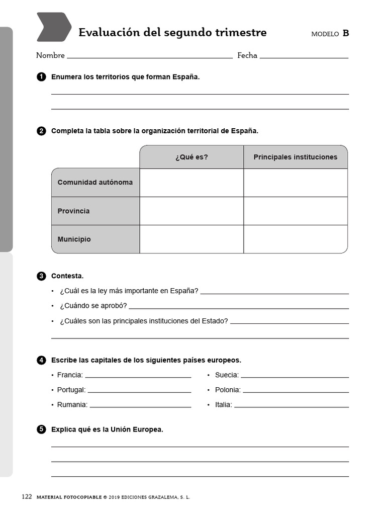 Evaluación Sociales 5º Primaria 2º Trimestre Santillana | PDF | España ...