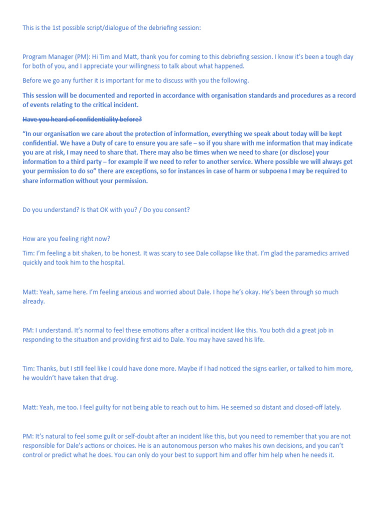 Possible Scripts For At2 Debriefing | PDF | Psychological Trauma | Confidentiality