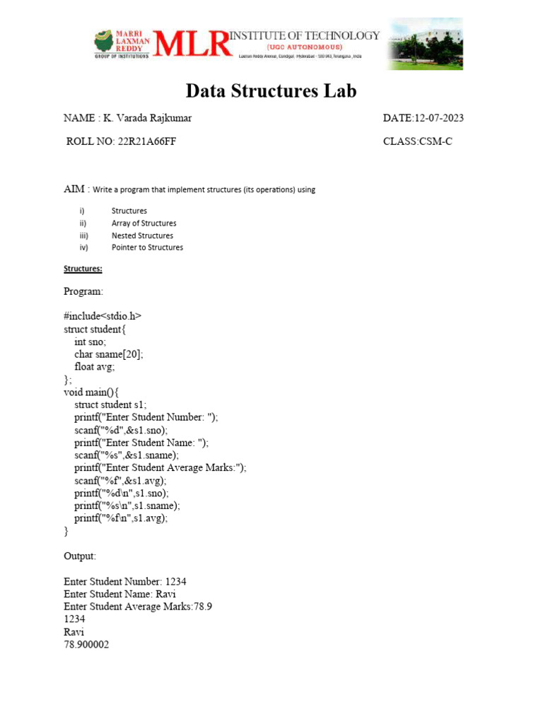 Data Structures Lab | PDF | Pointer (Computer Programming) | Computing