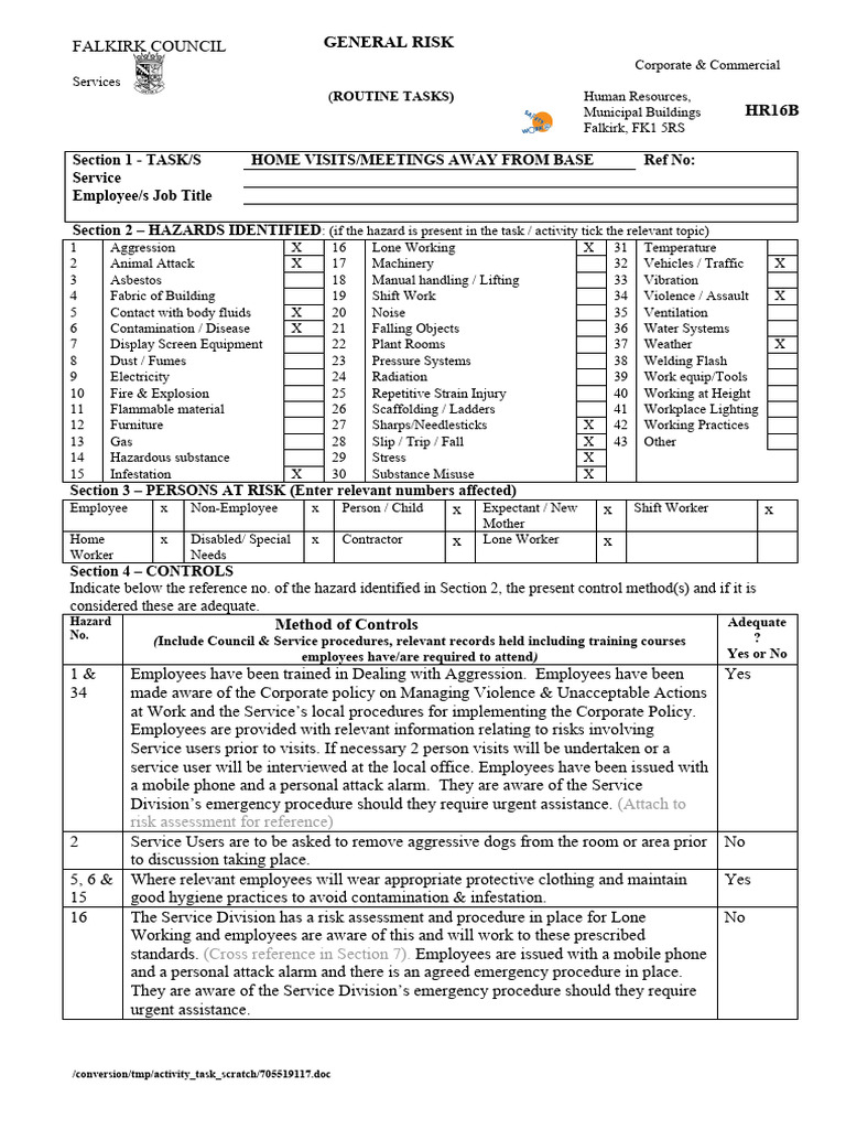 Generic Risk Assessment Example - Home Visits or Working Away From Base ...