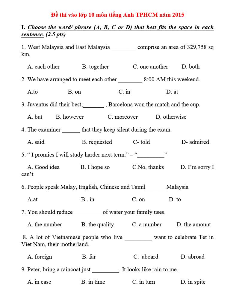 Sentence. (2.5 PTS) : I. Choose The Word/ Phrase (A, B, C or D) That ...
