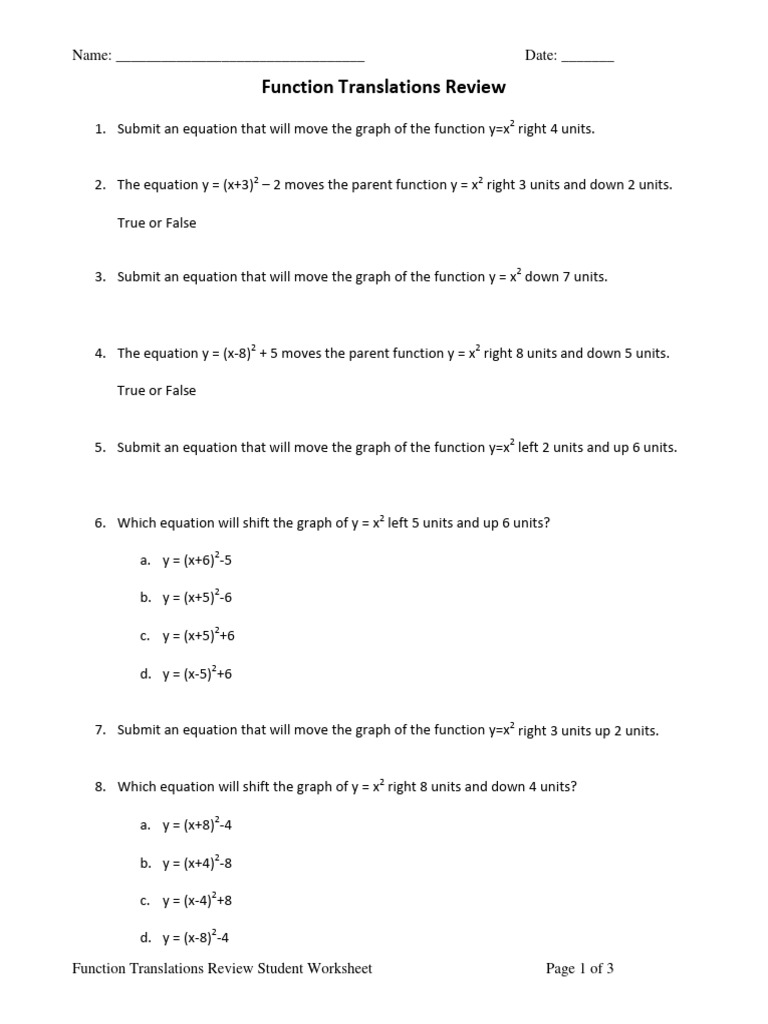 EOC Student Worksheet Function Translations Review | PDF | Graph Theory ...